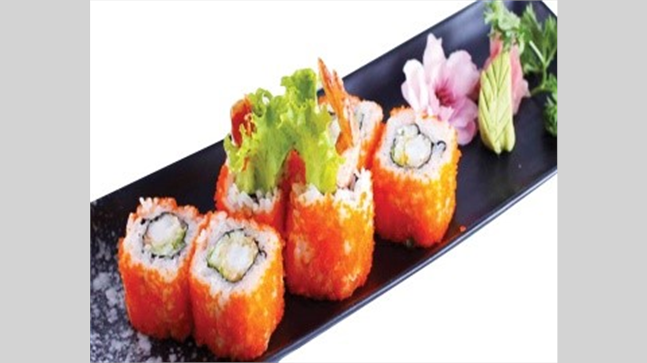 Fujiya Sushi | Ebiten maki/cuộn tôm chiên phủ trứng tobiko